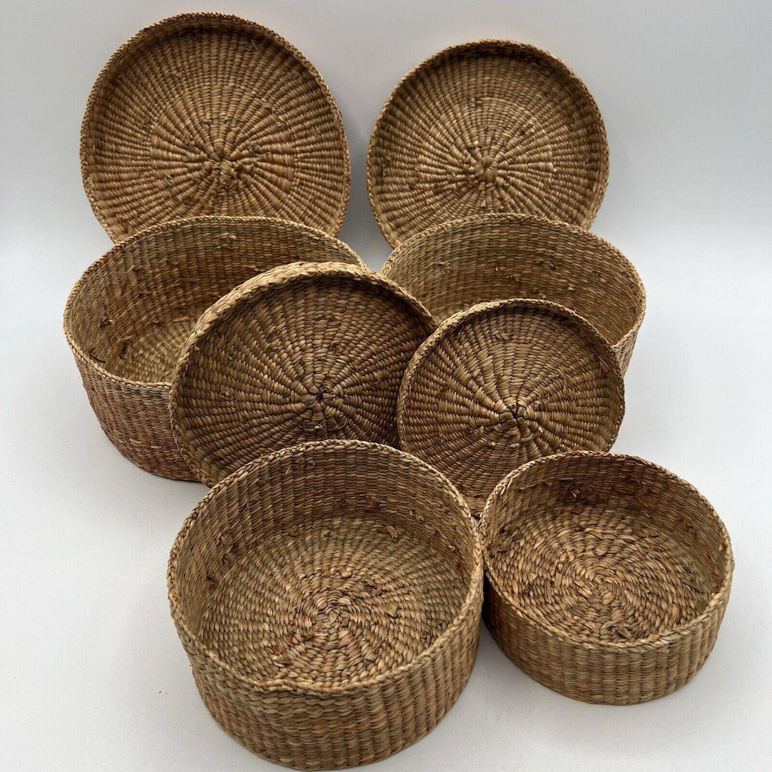 Set 4 Vtg Small Round Sweet Grass Nesting Baskets Lids Stacking 1960s ...
