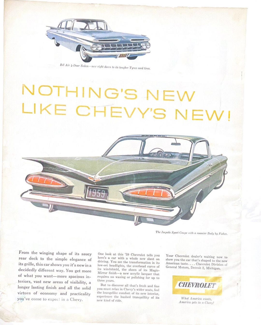 Vtg Chevrolet Impala Sports Coupe Print Ad 1959 1950 Bel Air Original ...
