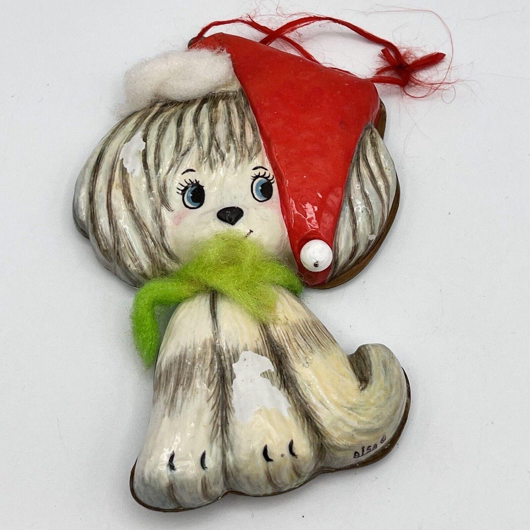Large Vtg 1970s Retro Celluloid Gray White Dog Santa Christmas Ornament ...