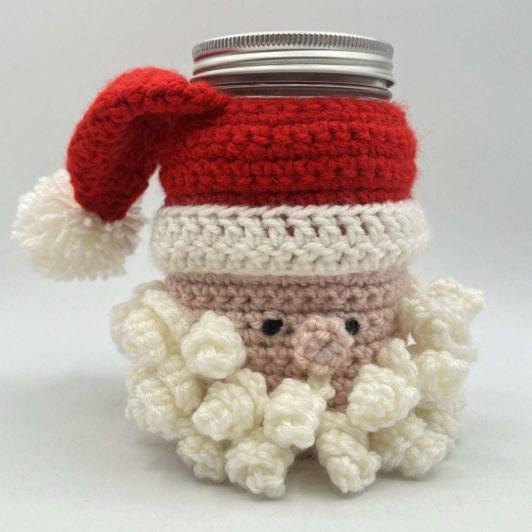 Hand Knitted Santa Face Mason Jar Cover Christmas Kitsch Candy Dish ...