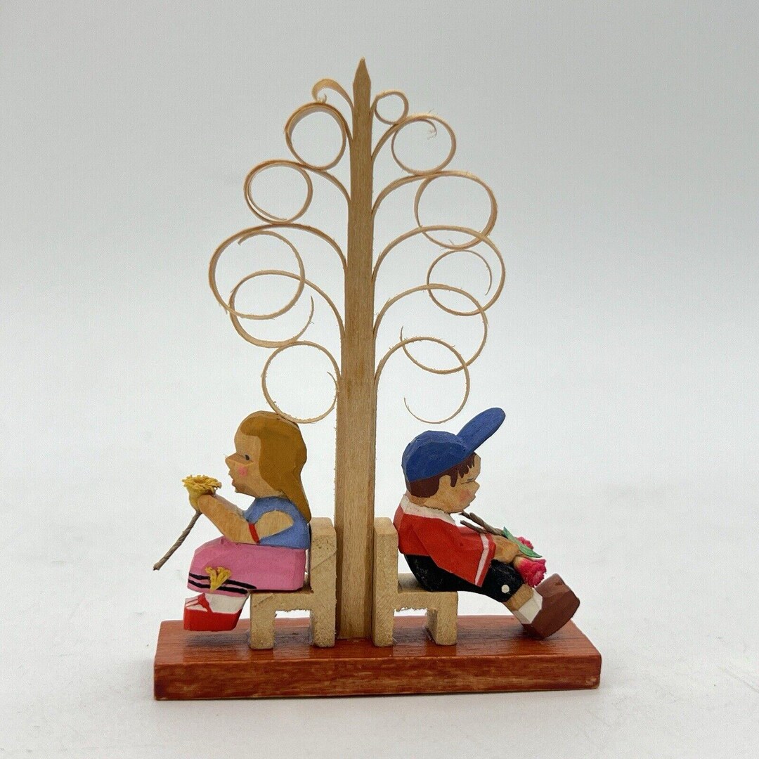 Erzgebirge Emil Helbig Wood Carved Girl Boy Sitting Under Curled Tree ...