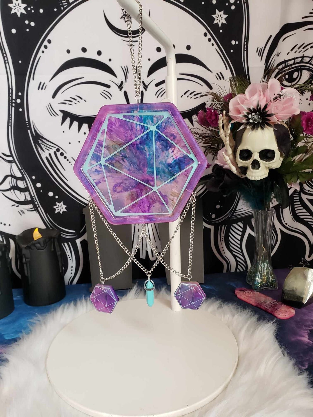 D23 Dice Purple Blue and Green Ink Wall Hanging Resin Dream Catcher ...