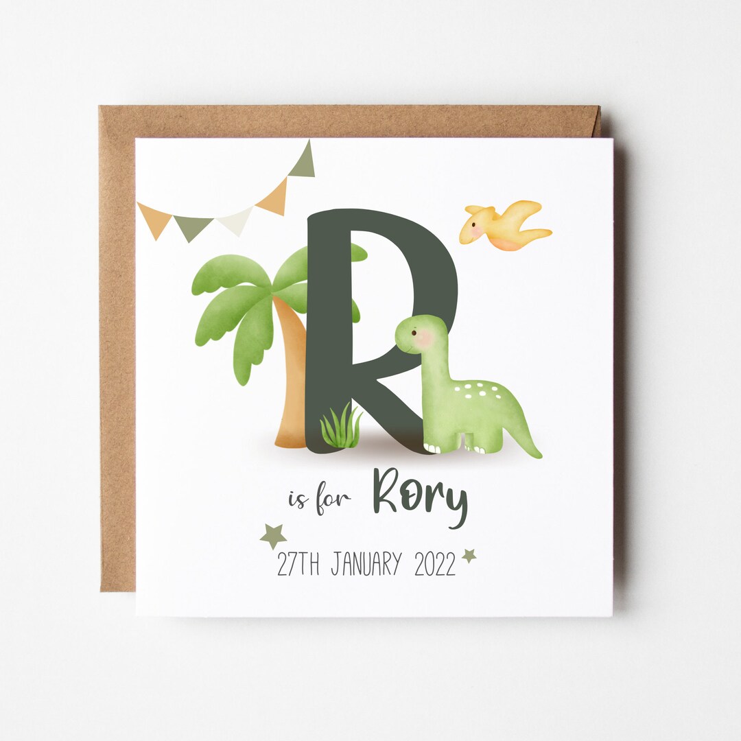 Personalised Dinosaur Baby Card, Baby Initial Card, Unique Baby Card ...