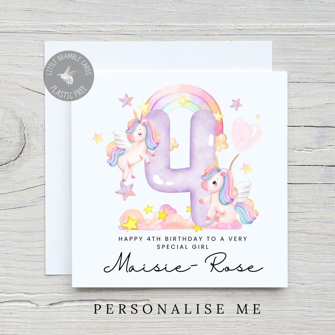 Personalised Unicorn 4th Birthday Card, Girl Birthday Card, Card for 4 ...