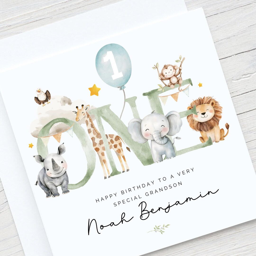 Personalised 1st Birthday Card: Safari Animal Theme, Card for Son ...