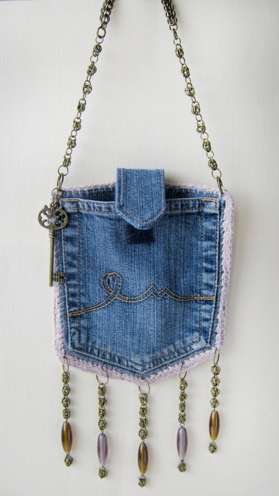 Denim designer purse pocket bag chain buckle. Boho set | Etsy