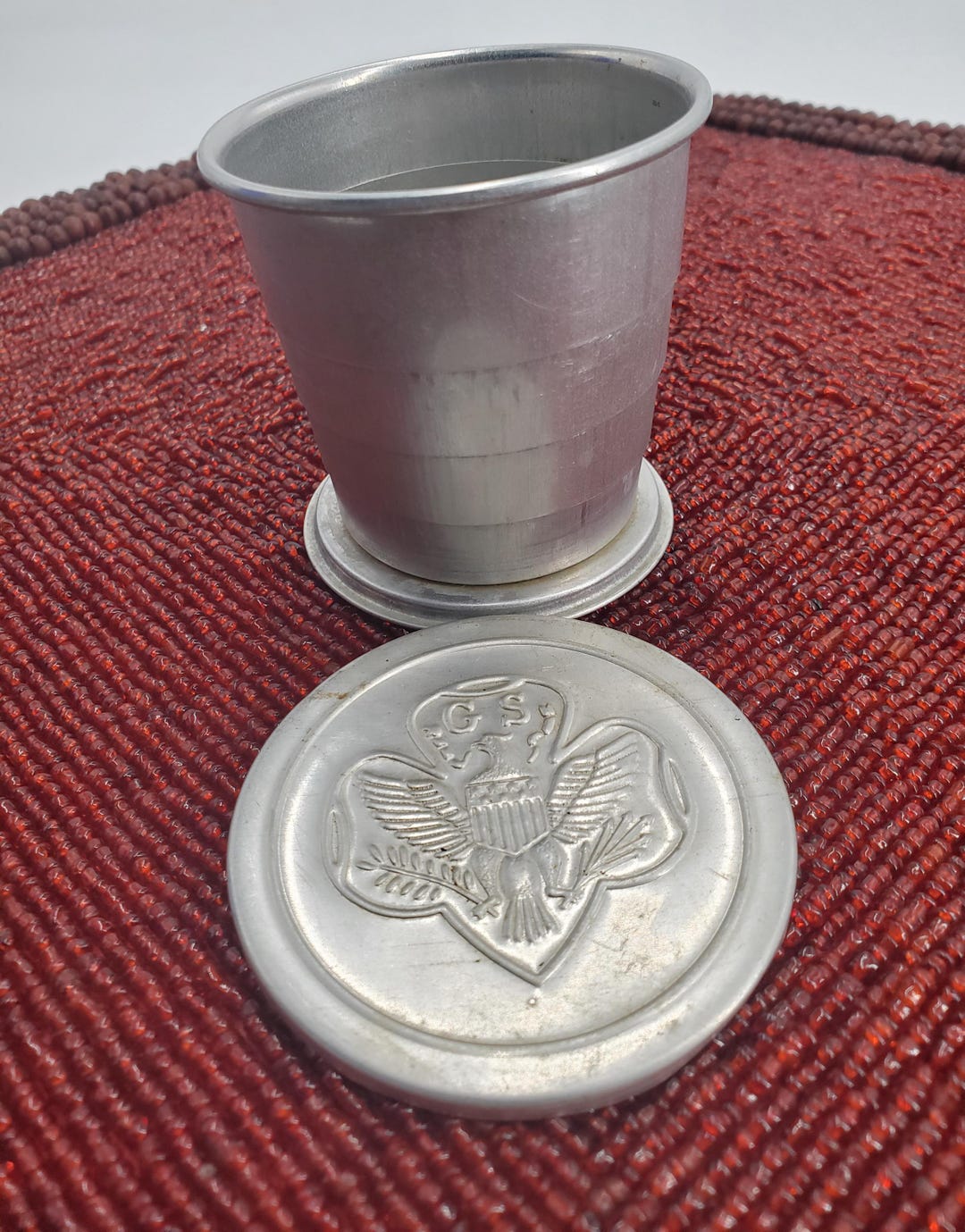 Vintage 1960' Collapsible Folding Girl Scout Cup Aluminum Embossed "g.s ...