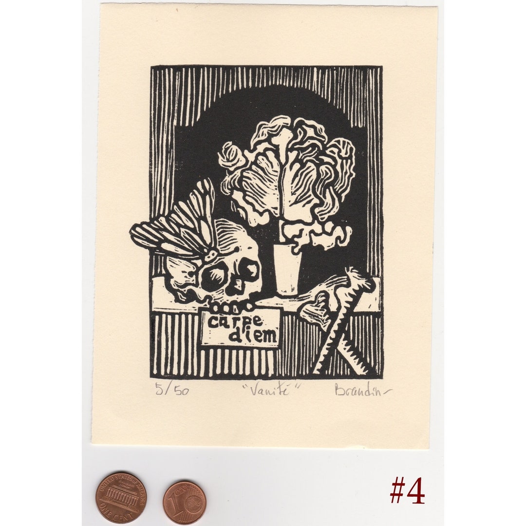 Carpe Diem : Linocut Print of a Still Life With Skull, Bones, a Tulip ...