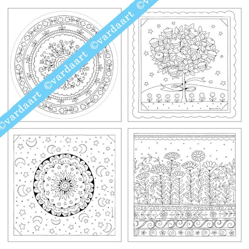 4 Pieces of Whimsical Miniature Art on a Printable Coloring Page - Etsy
