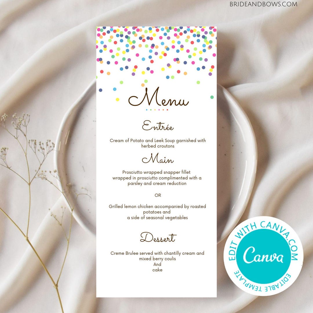 Editable Sprinkle Menu, Rainbow Party Menu, Confetti Birthday Menu ...