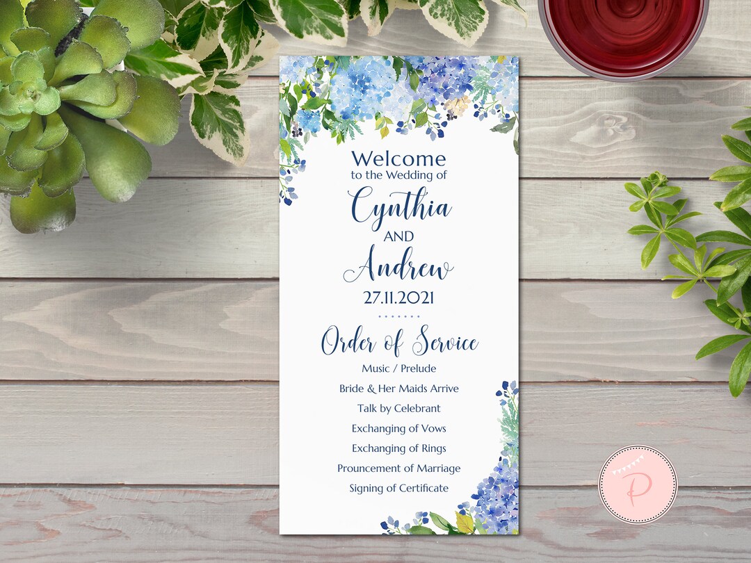 Blue Hydrangea Printable Wedding Program, Custom Wedding Programs Printable, Programs Template ...