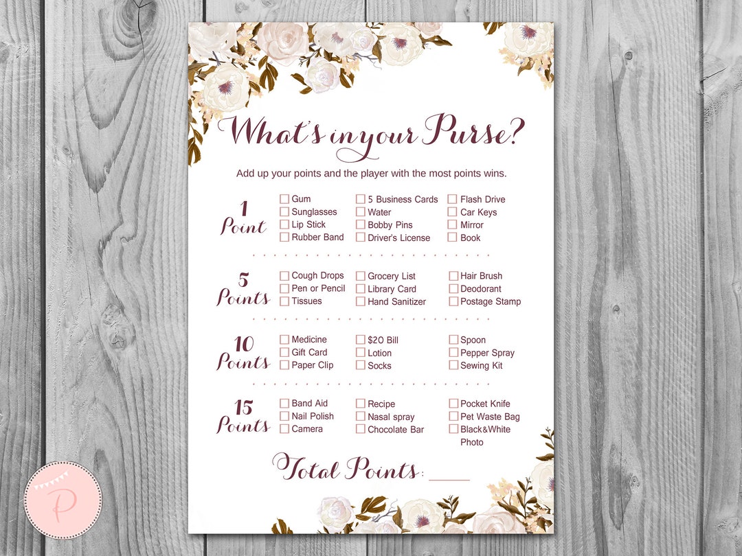 What's in Your Purse Bridal Shower Game, Purse Hunt, Purse Raid, Coed ...