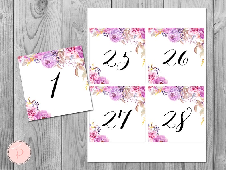 Purple Floral Wedding Table Numbers Printable DIY Table | Etsy