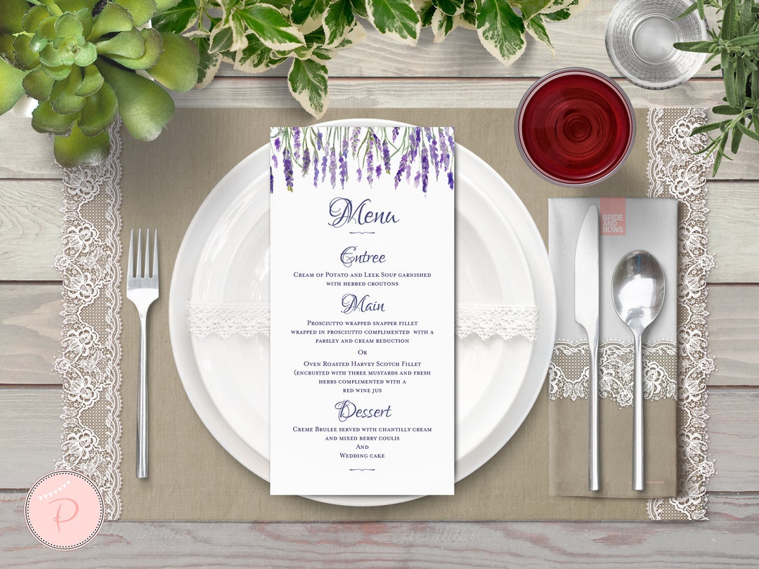 Lavender Menu, Printable Wedding Menu, Watercolor Custom Wedding Menu ...