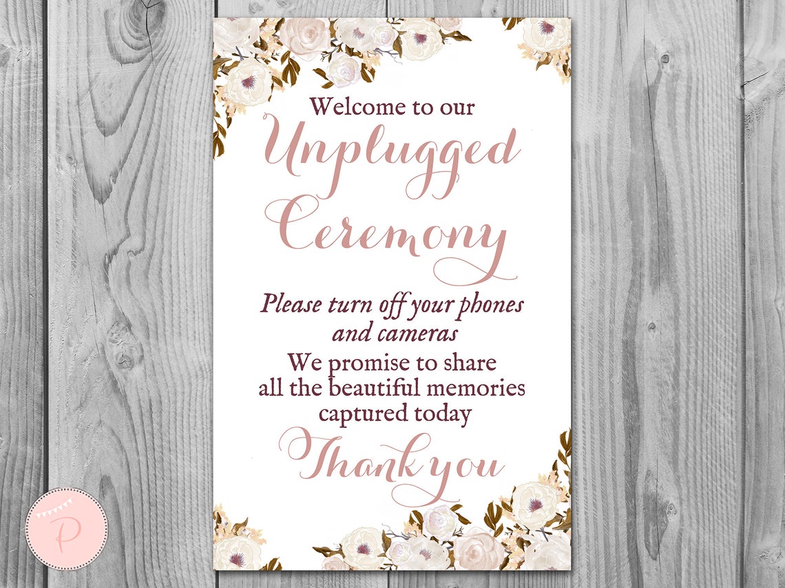 Unplugged Ceremony Sign, No Phones or Cameras, Turn off Phones ...
