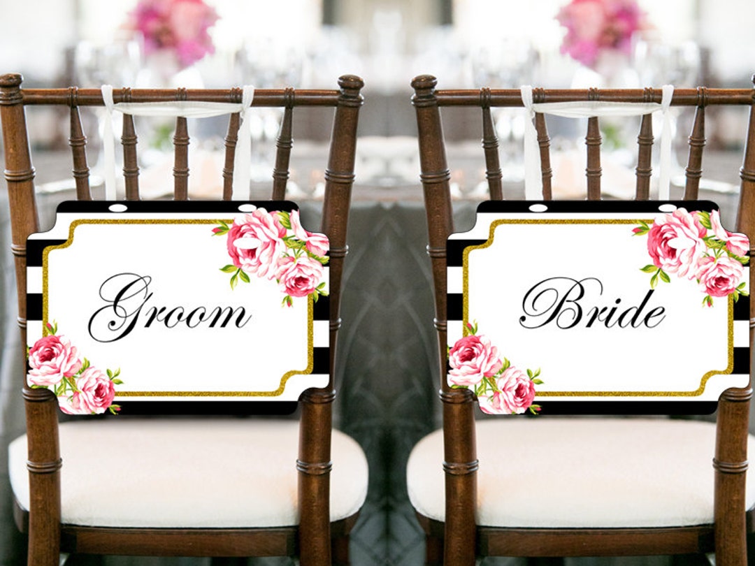 Black Stripes Gold Bride and Groom Chair Banner, Wedding Decorations ...