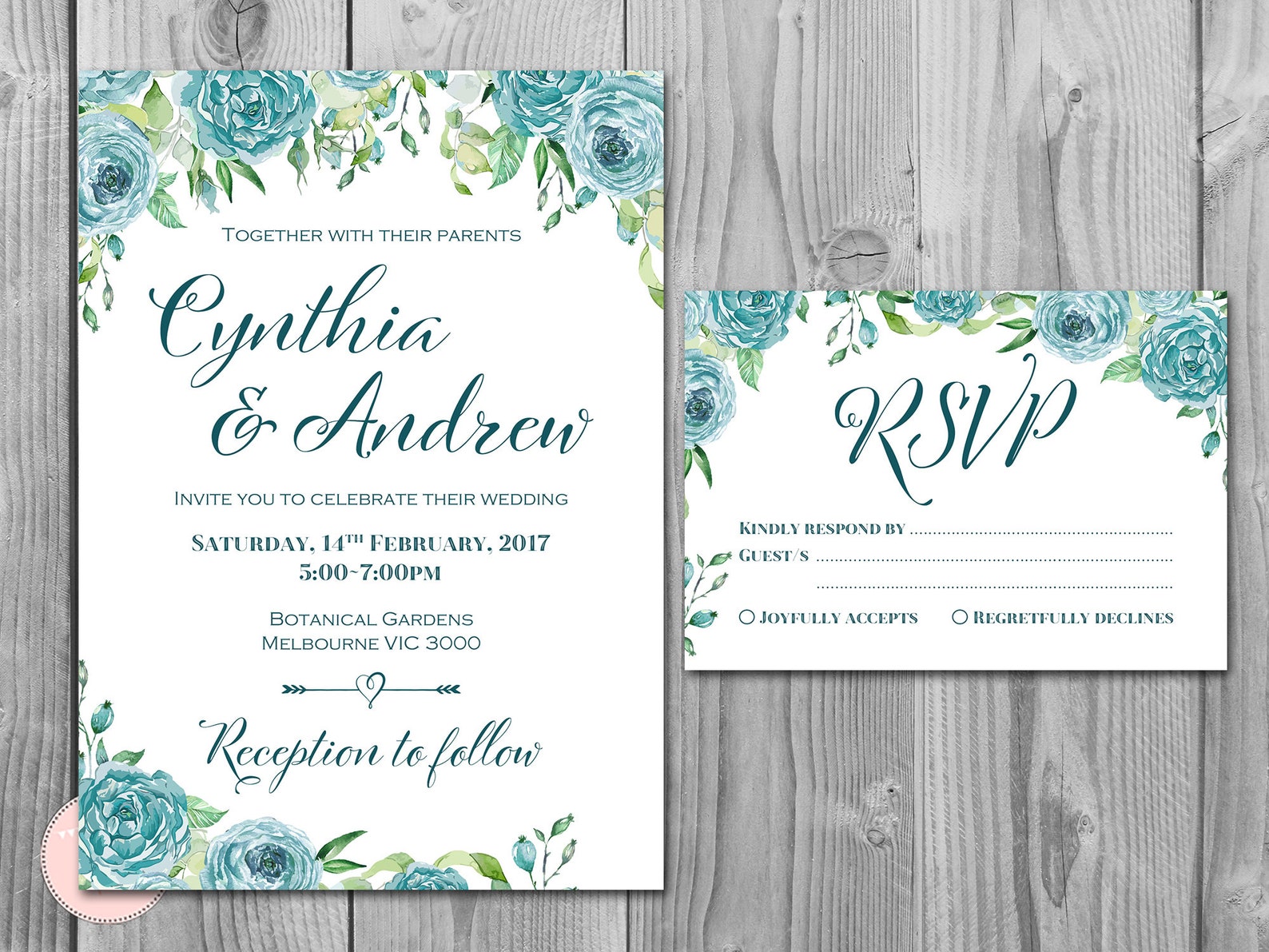 Teal Floral Custom Wedding Invitation Set, Invitation Printable, Bridal ...