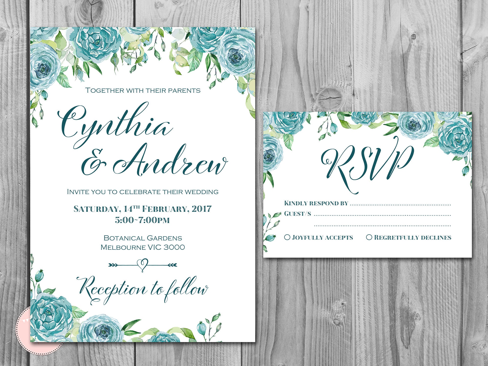 Teal Floral Custom Wedding Invitation Set Invitation - Etsy