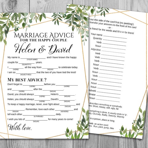 Marriage Advice Cards Wedding Mad Libs Printable Wedding Etsy