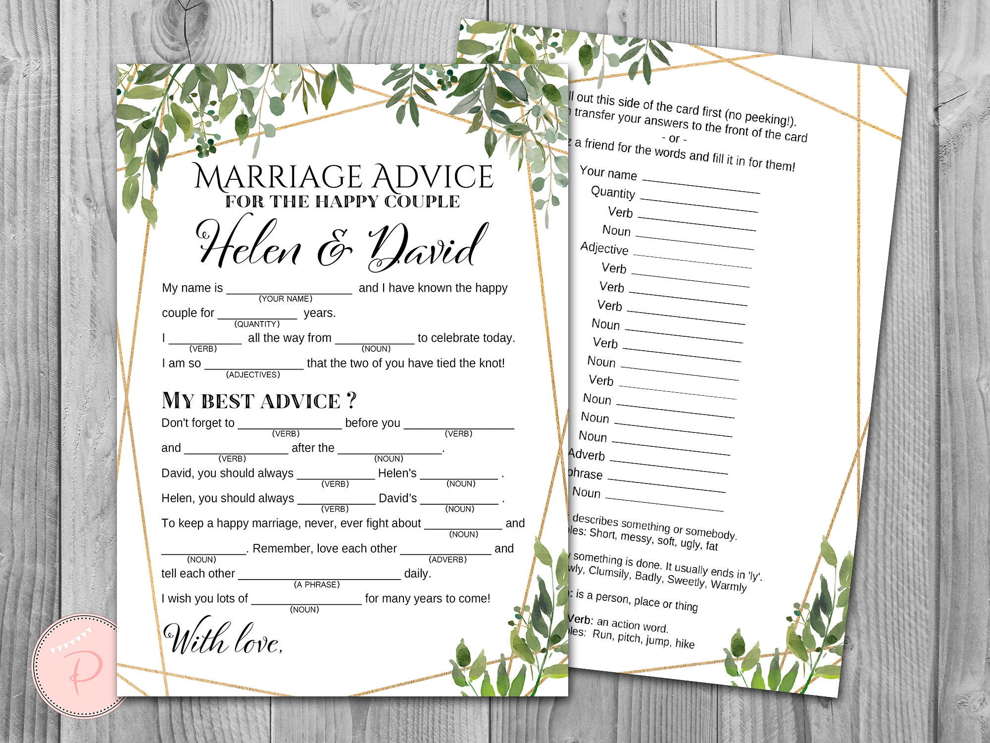 Greenery Marriage Advice Cards, Marriage Advice Cards, Wedding Mad Libs ...