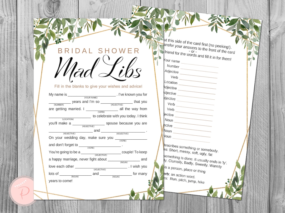 Greenery Bridal Shower Mad Libs Marriage Advice Cards Wedding Madlibs