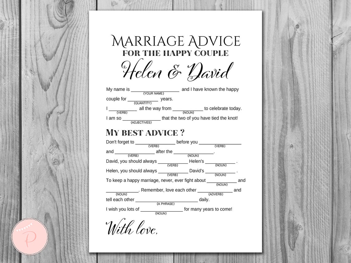Editable Marriage Advice Cards Wedding Mad Libs Printable - Etsy