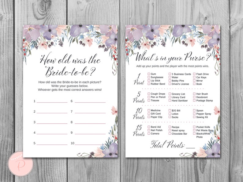 Purple Floral Bridal Shower Games Package Instant Download 6 - Etsy