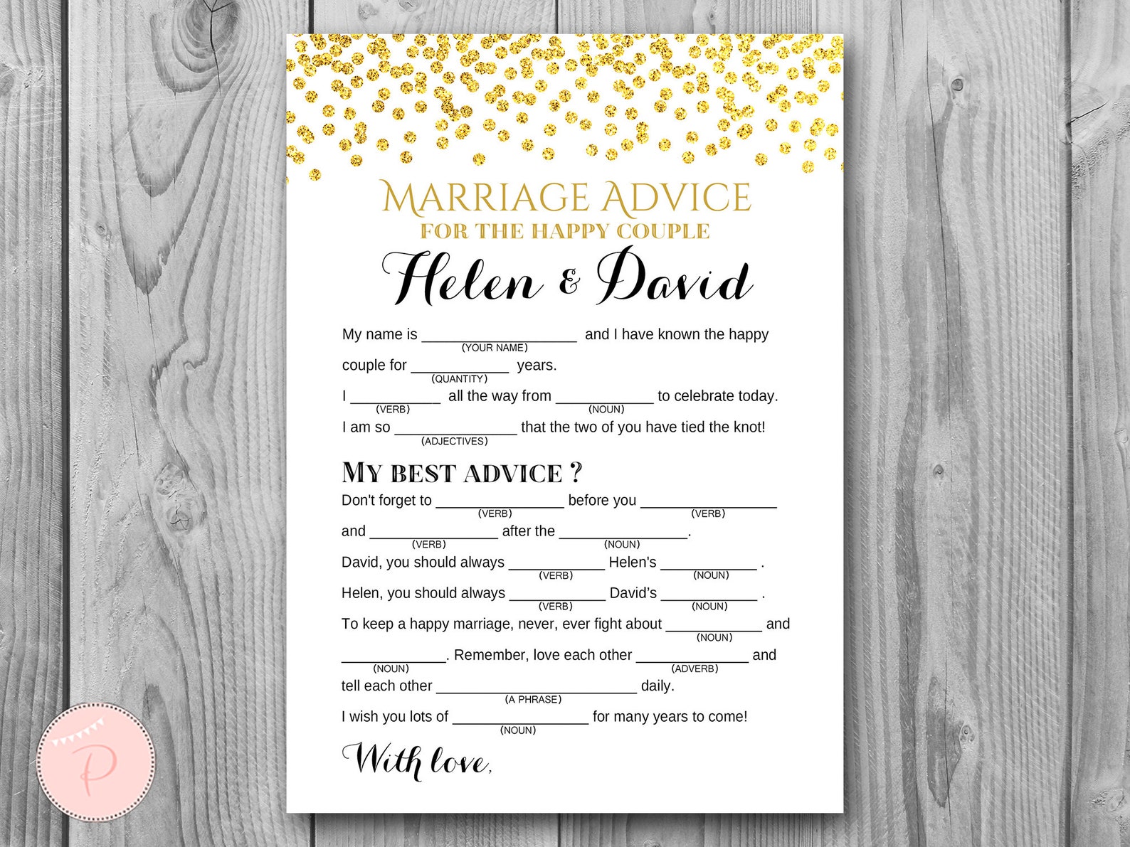 Gold Marriage Advice Cards Wedding Mad Libs Bridal Shower Etsy
