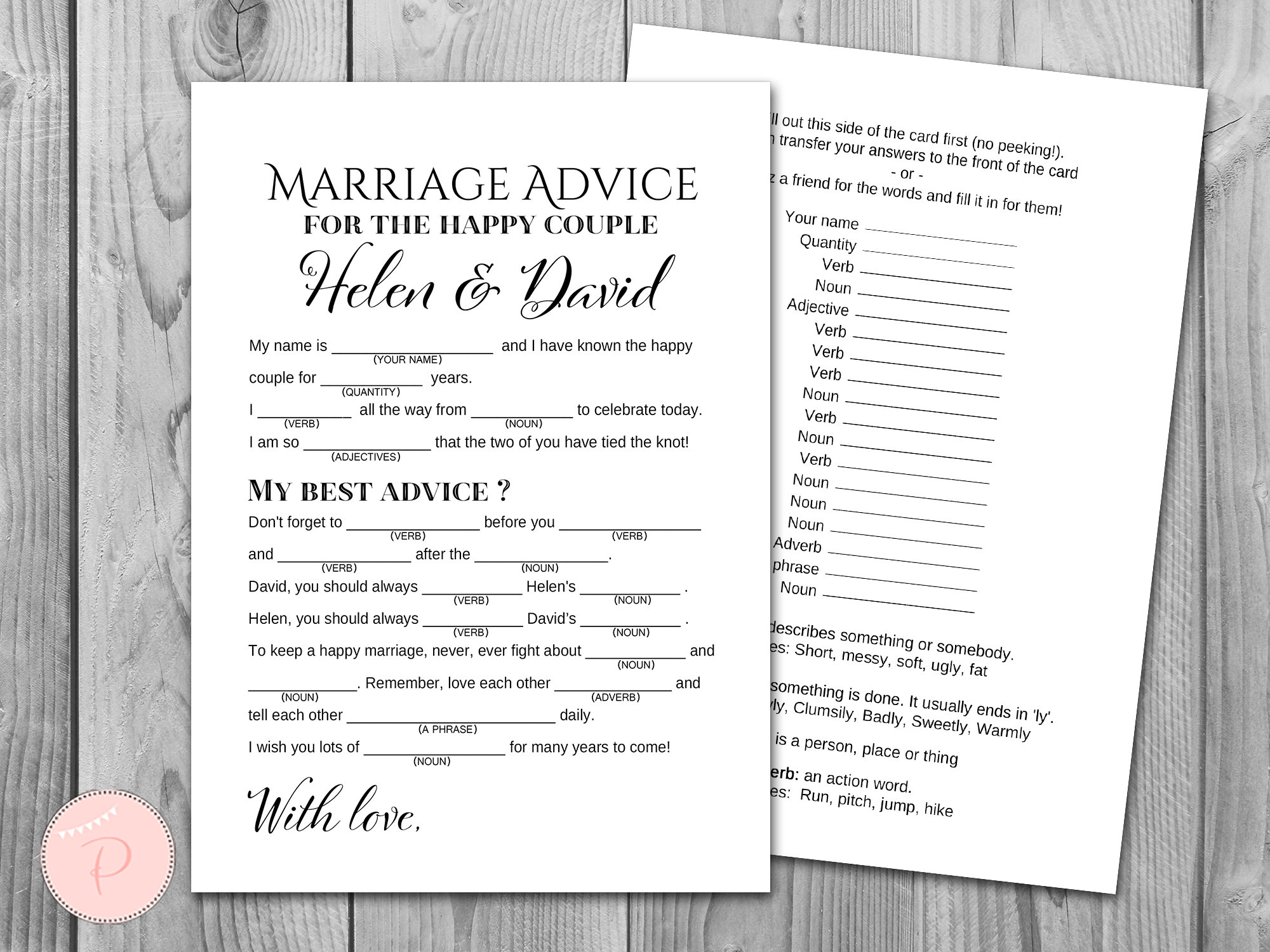 Marriage Advice Cards Wedding Mad Libs Printable Wedding Etsy
