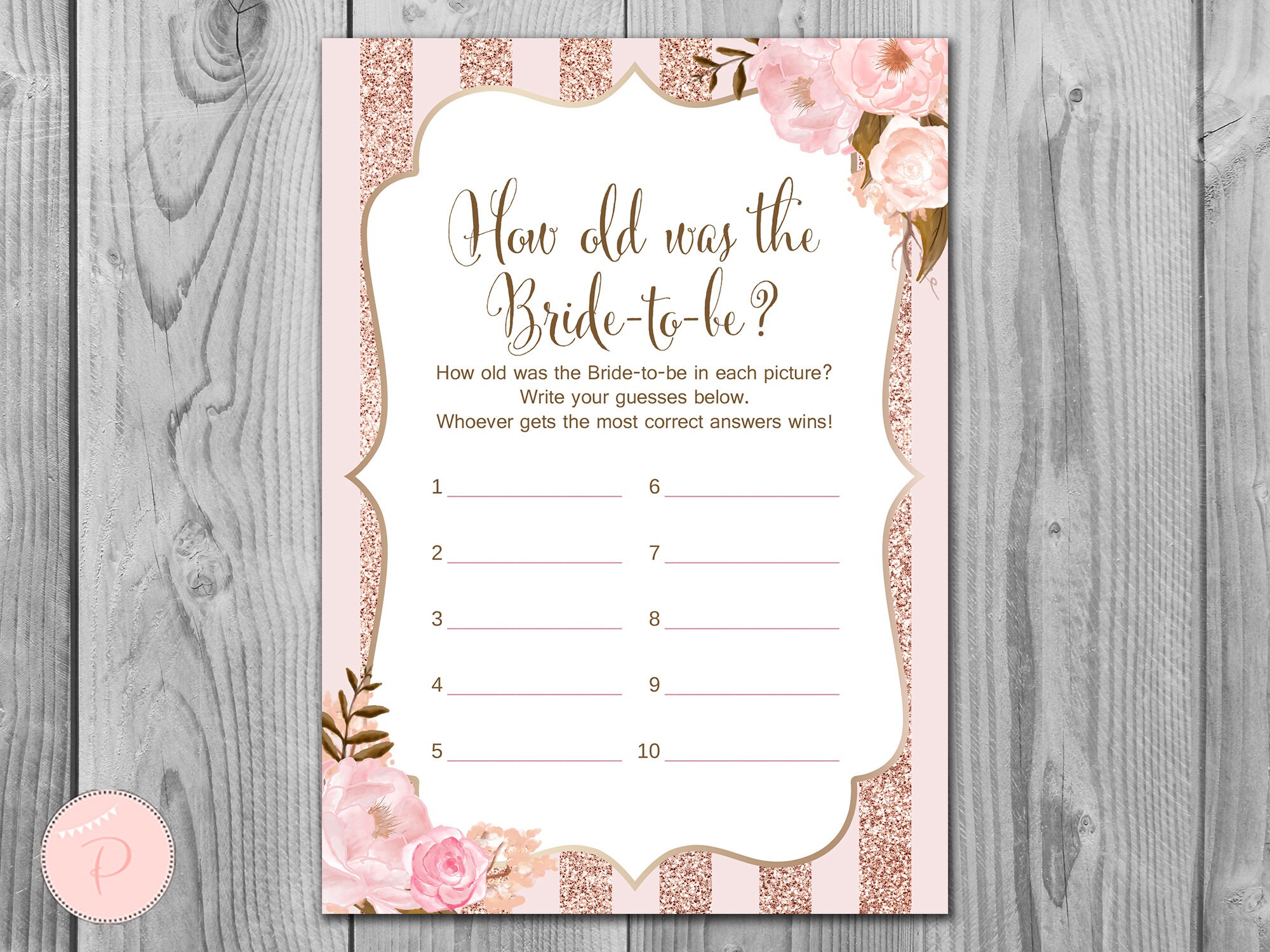 Rose Gold How Old Was the Bride to Be Bridal Shower Game, Guess the Age ...