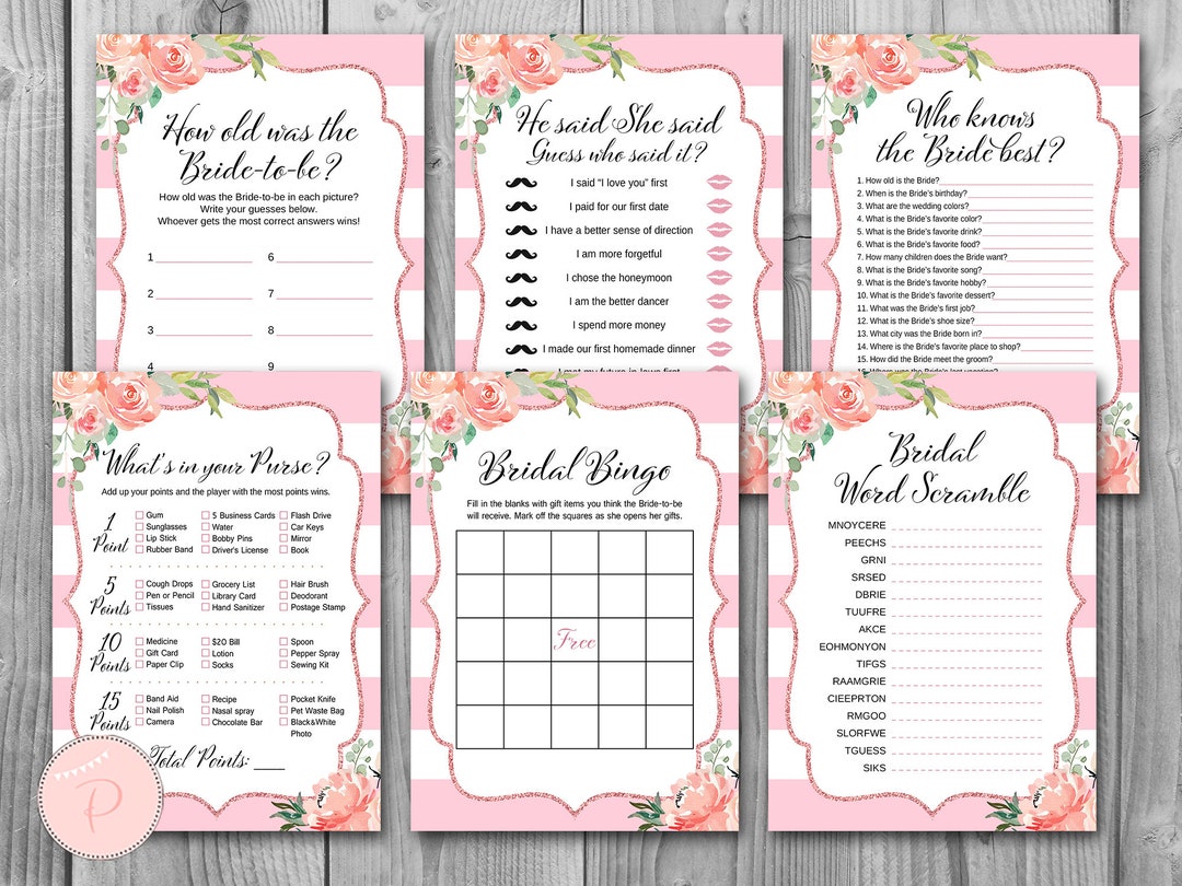 Pink Floral, Rose Gold Bridal Shower Games Package, Instant Download, 6 ...
