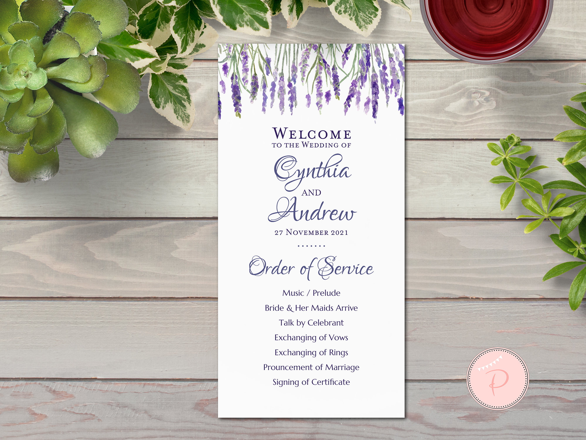Wedding Program Card Template Purple and Green Flowers - Etsy
