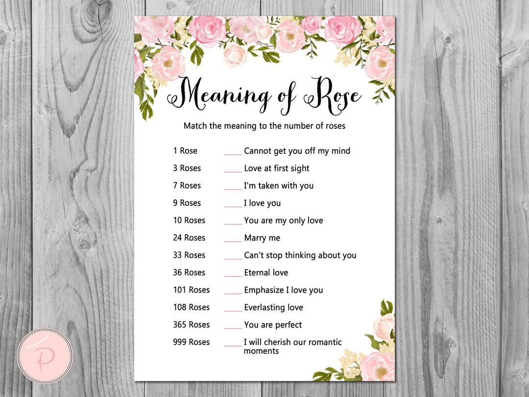 Peonies Meaning of Rose Game Printable, Matching Game, Bridal Shower ...