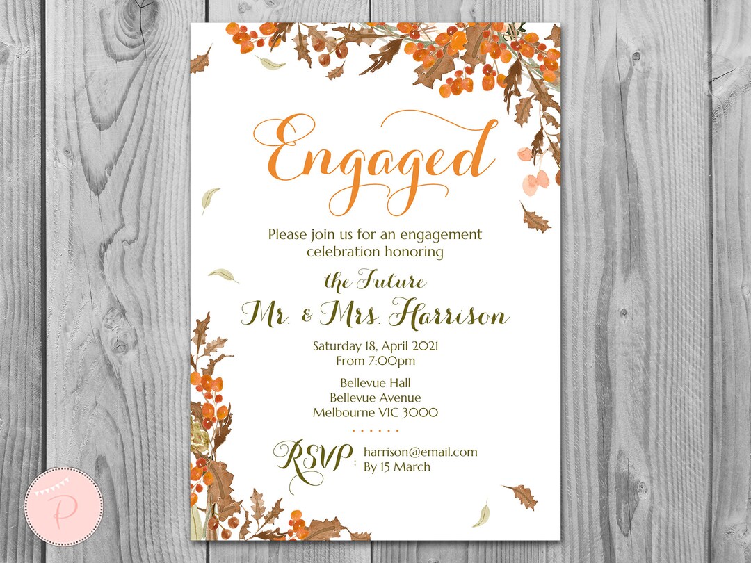 Autumn Fall Printable Engagement Party Invitation, Personalized ...