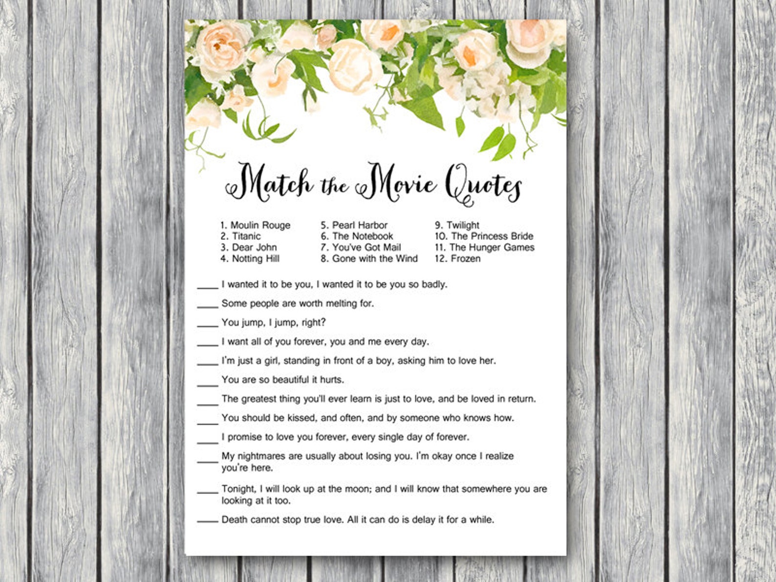 Movie Matching Game Famous Love Quote Movie Game Bridal - Etsy