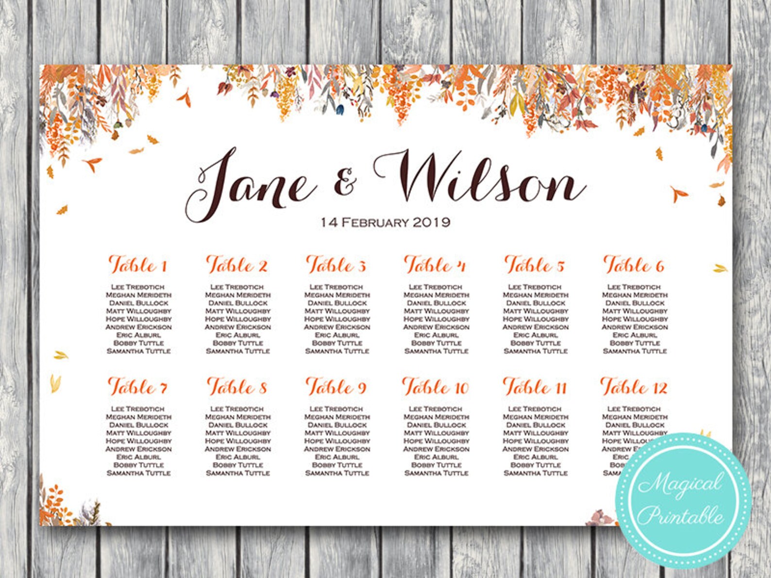 Fall Autumn Find Your Seat Chart Printable Wedding Seating | Etsy