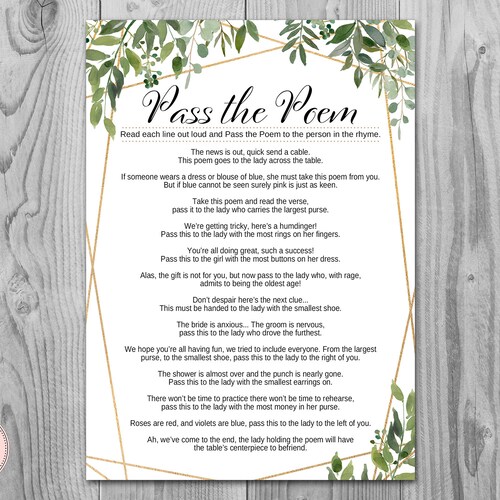 Greenery Pass the Poem Bridal Shower Games Gift Passing Poem - Etsy