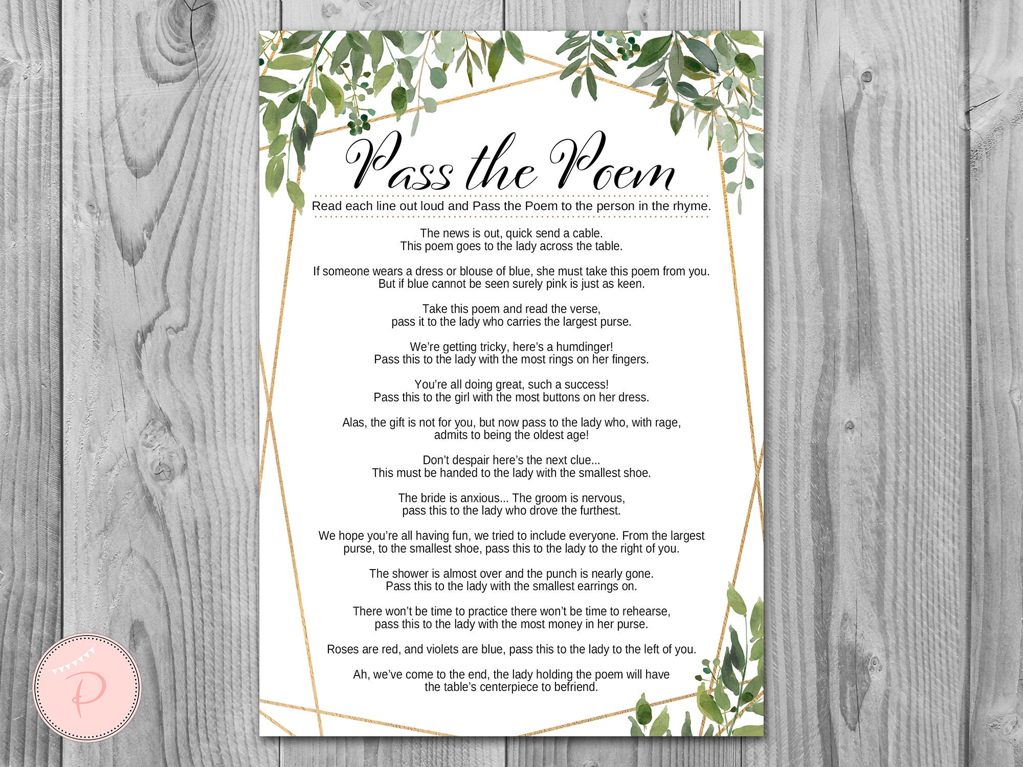 Greenery Pass the Poem Bridal Shower Games, Gift Passing Poem, Rustic ...