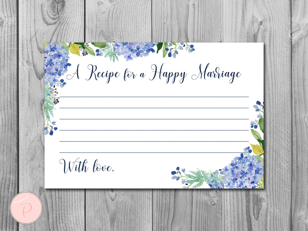 A Recipe for a Happy Marriage Printable Card, Wedding Shower, Hydrangea ...