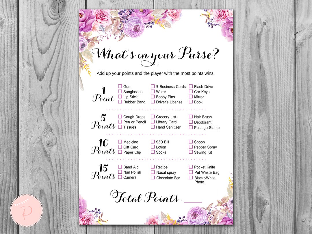 Purple What's in Your Purse Bridal Shower Game, Purse Hunt, Purse Raid ...