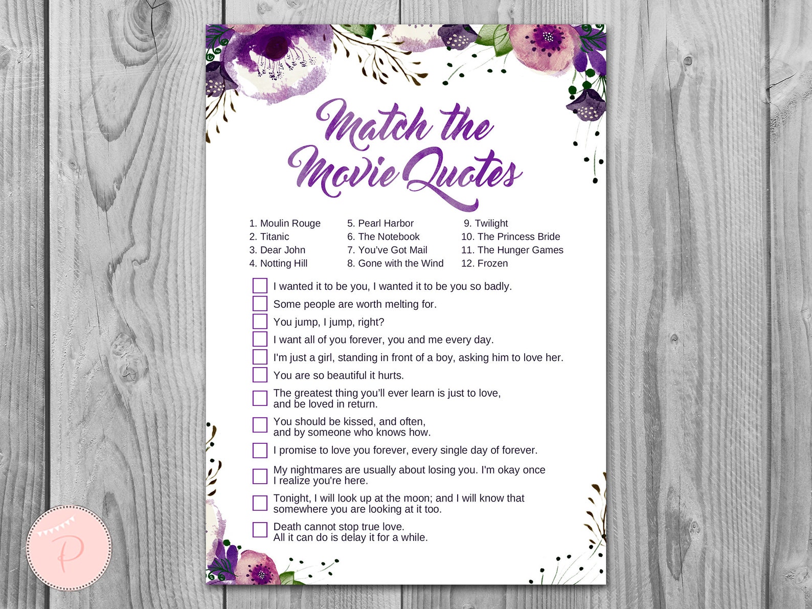 Purple Movie Matching Game Famous Love Quote Movie Game Coed - Etsy ...