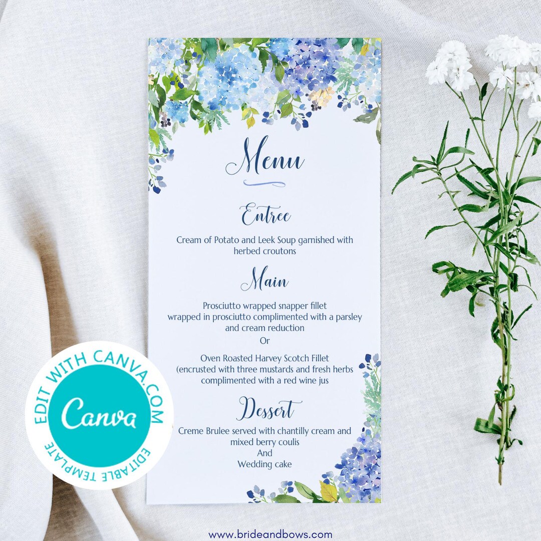 Editable Blue Hydrangea Menu, Blue Bridal Shower Menu, Hydrangea ...