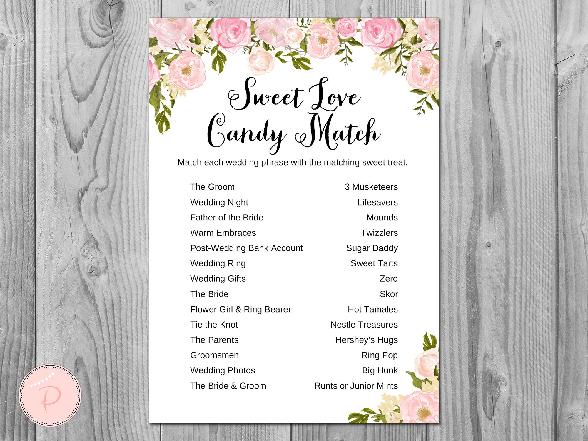 Peonies Sweet Love Candy Match Bridal Shower Game, Bridal Shower Games ...