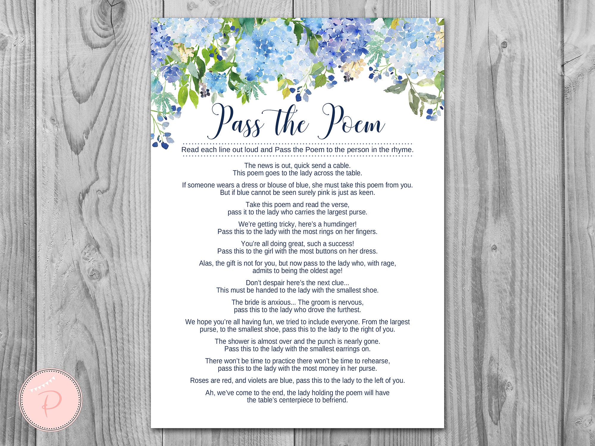 Hydrangea Pass the Poem Bridal Shower Games, Gift Passing Poem, Rustic ...
