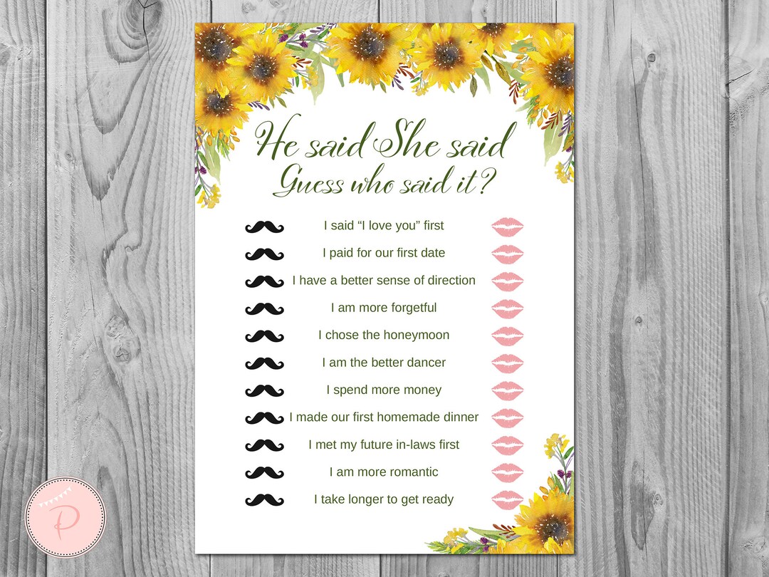 Sunflower Summer He Said She Said Bridal Shower Game, Who Said the ...