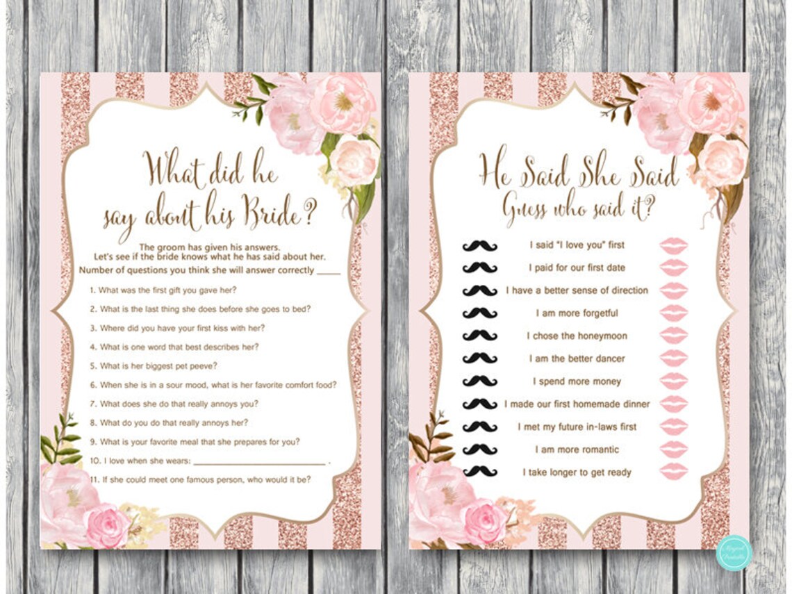 Rose Gold Floral Bridal Shower Games Package, Instant Download, He Said ...