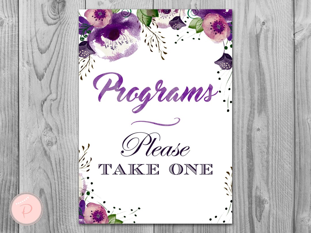 Purple Floral Wedding Programs Sign, Printable Program Sign, Wedding ...