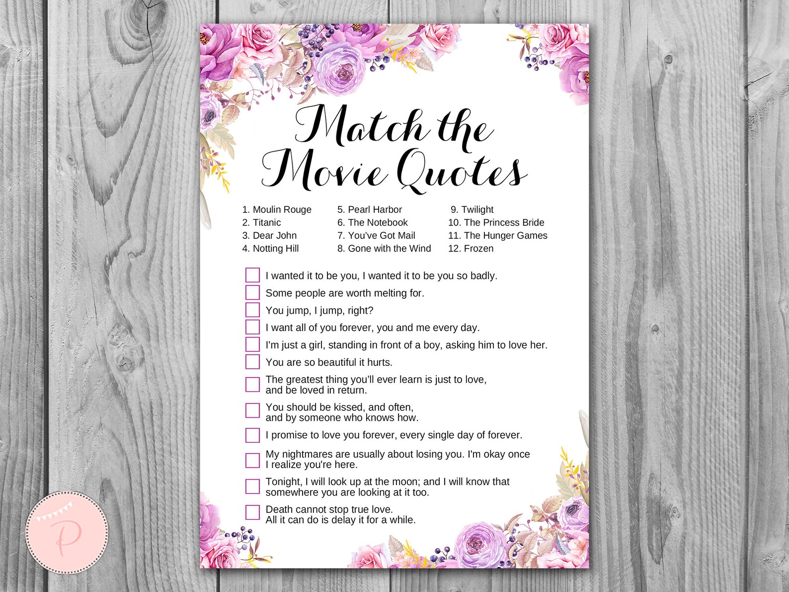 Purple Movie Matching Game Famous Love Quote Movie Game - Etsy