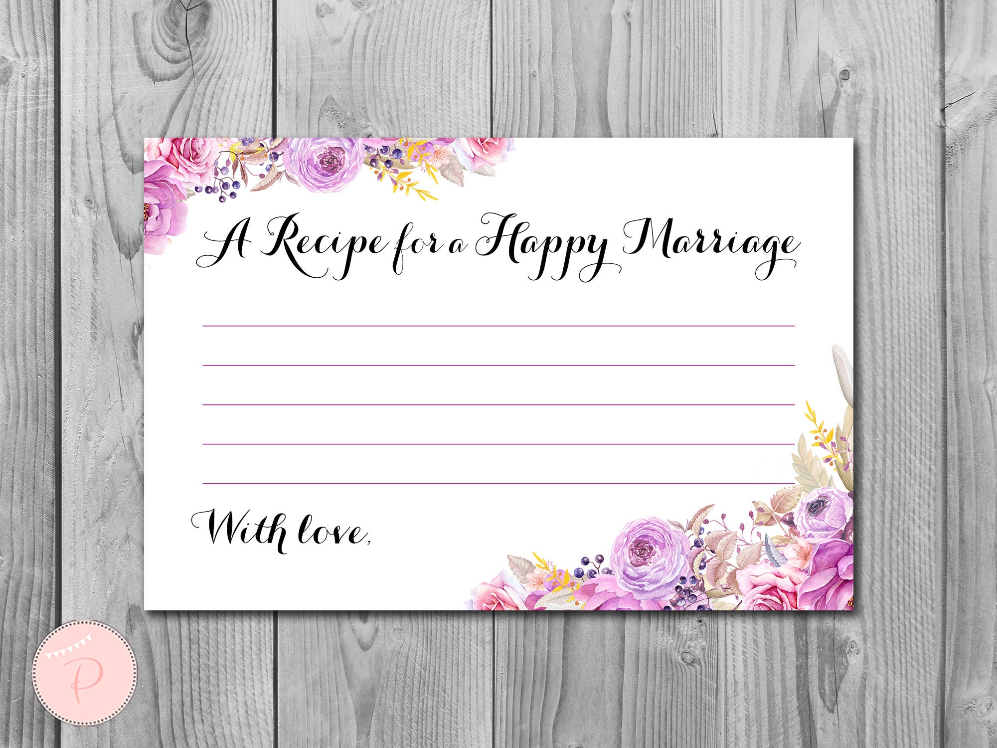 Purple A Recipe for a Happy Marriage Printable Card Wedding | Etsy