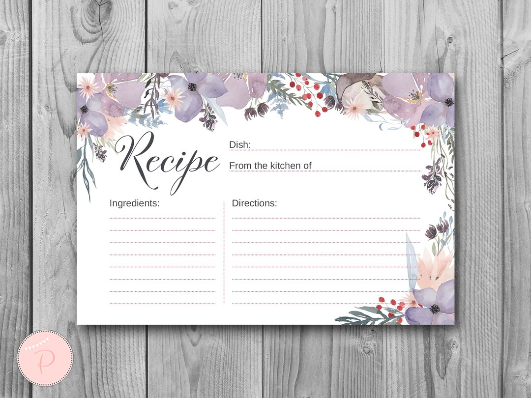 Purple Floral Recipe Card, Bridal Shower, Printable Card, Wedding ...